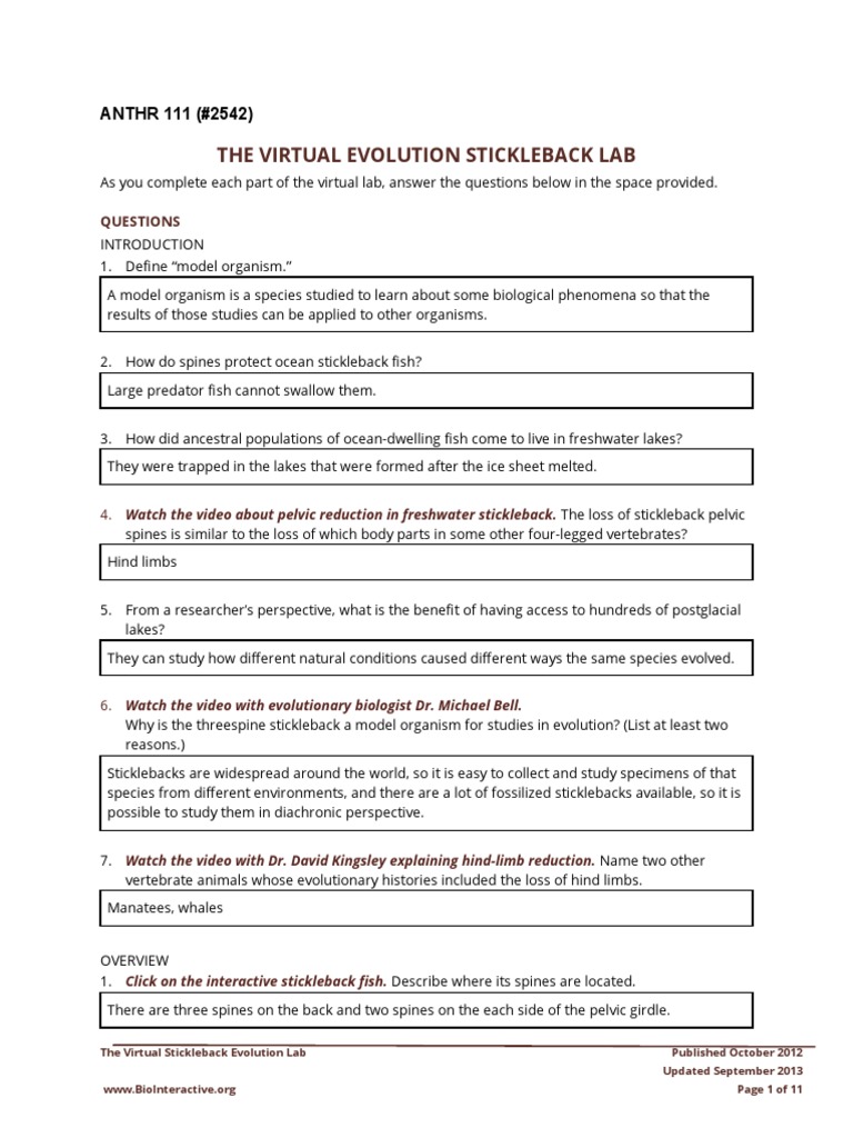 The Virtual Evolution Stickleback Lab: ANTHR 111 (#2542) | PDF | P ...