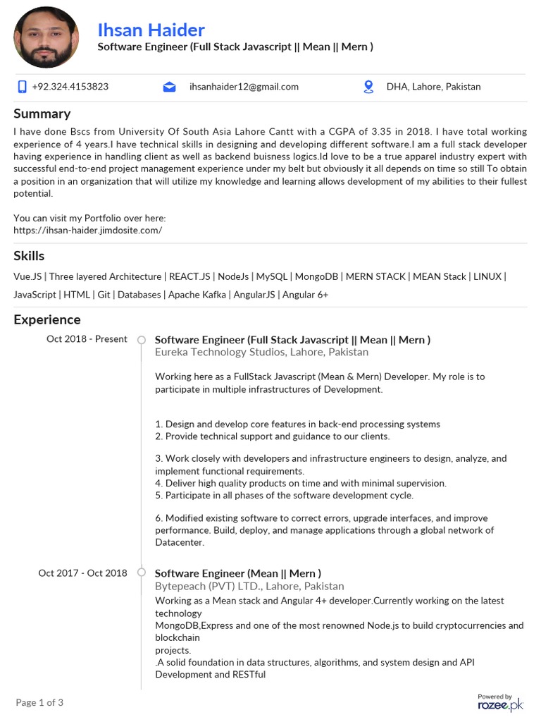 Ihsan Haider: Software Engineer (Full Stack Javascript - Mean - Mern) | Download Free PDF | Web ...