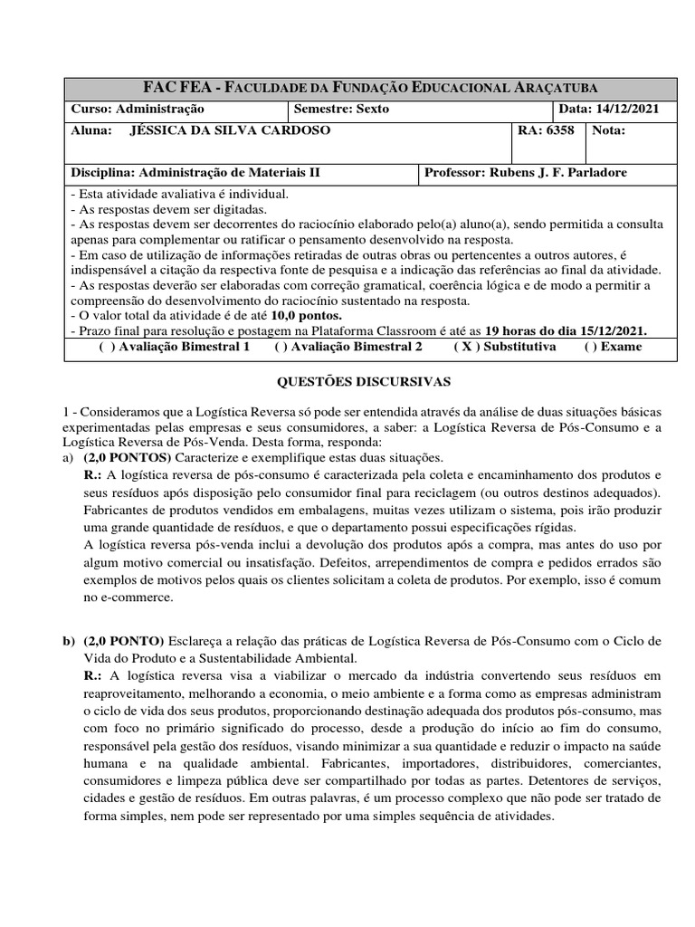 Prova Sub - Amrpii - 2sem2021 | PDF | Logística | Desperdício