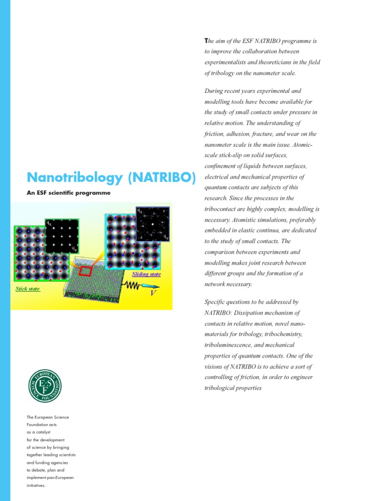 Nanotribology (NATRIBO) : The Aim of The ESF NATRIBO Programme Is | PDF | Friction | Wear
