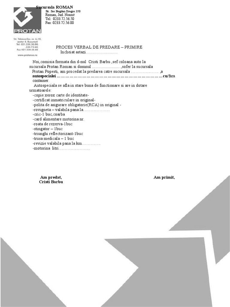 PV Predare, Primire Auto | PDF