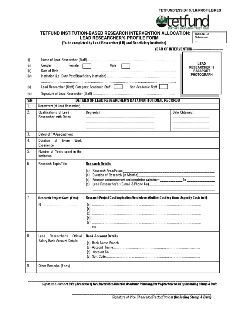 Tetfund Institution-Based Research Intervention Allocation: Lead ...