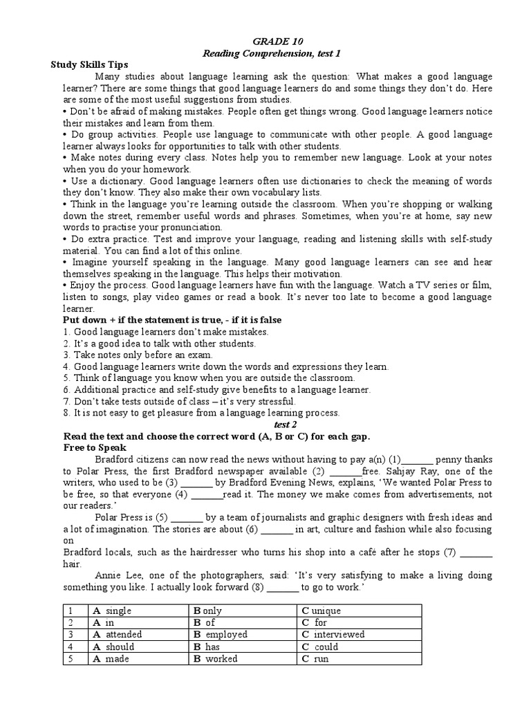 Grade 10 Reading Comprehension, Test 1 | PDF | Learning | Crimes