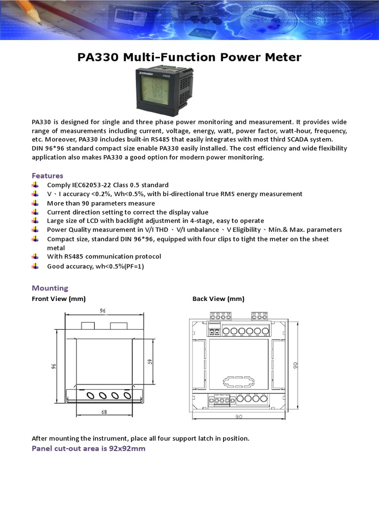 PA330 Multi-Function Power Meter: Features | PDF | Backlight | Electrical Engineering