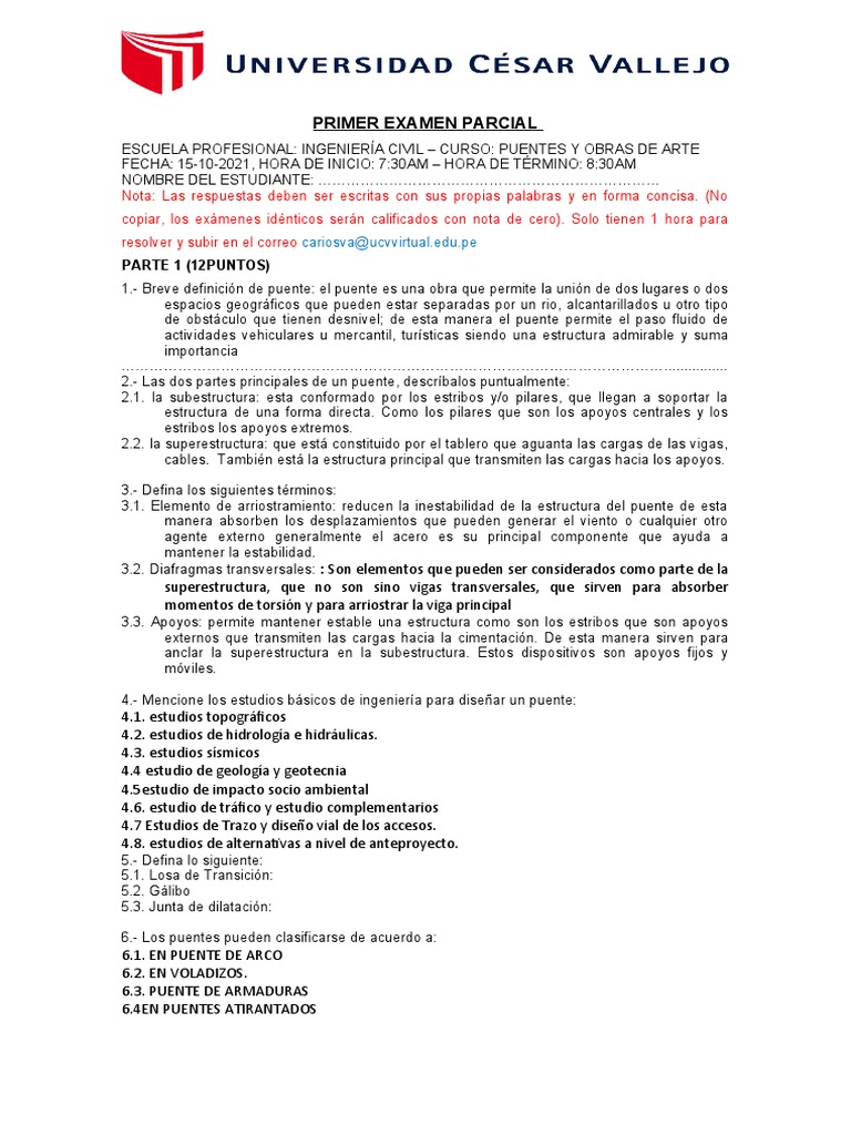 Examen Parcial Ingeniería Civil: Puentes | PDF | Puente | Bienes raíces