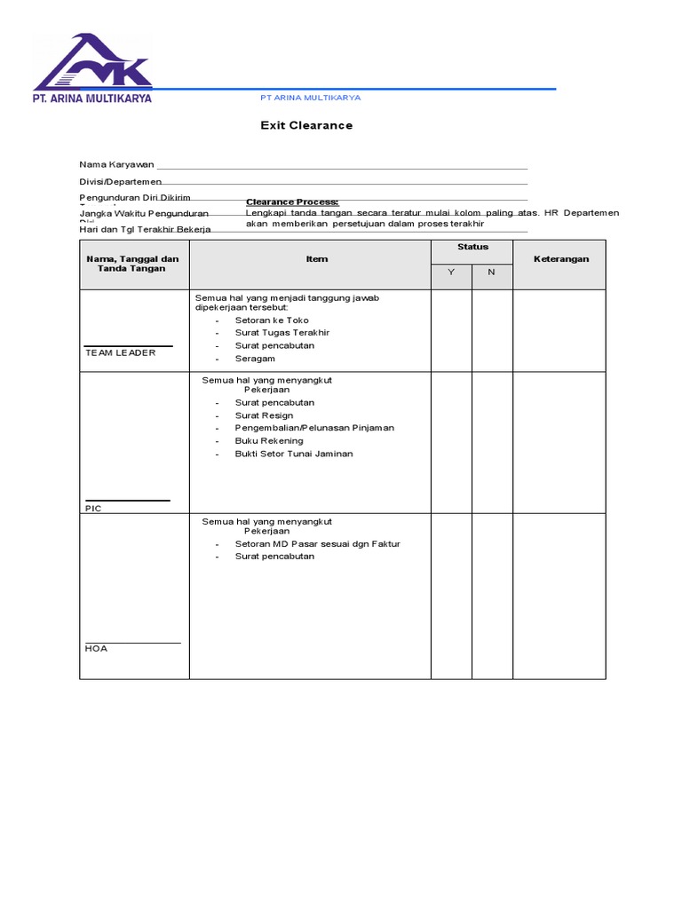 Employee Exit Clearance Arina Ok | PDF