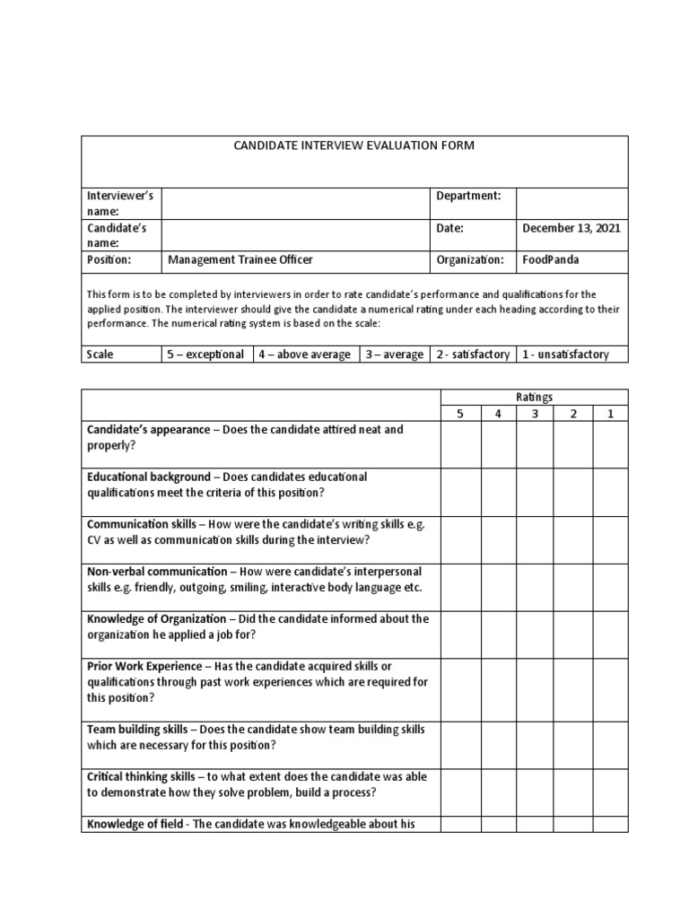 Interview Evaluation Form Guide | PDF | Communication | Skill