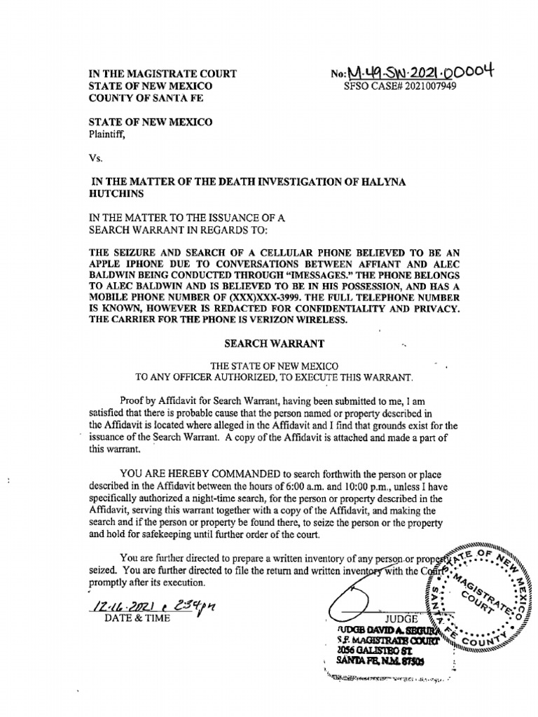 Search Warrant Alec Baldwin Cell Phone | PDF | Multimedia Messaging ...