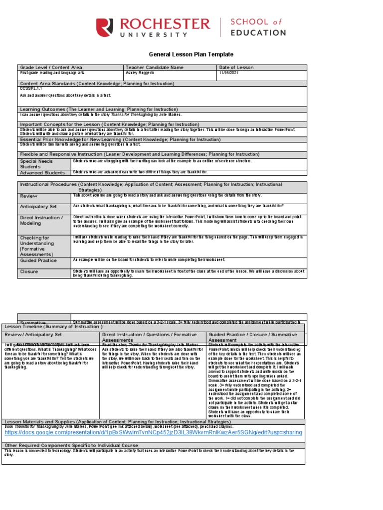 First Grade Lesson Plan Thanksgiving | PDF | Lesson Plan | Communication