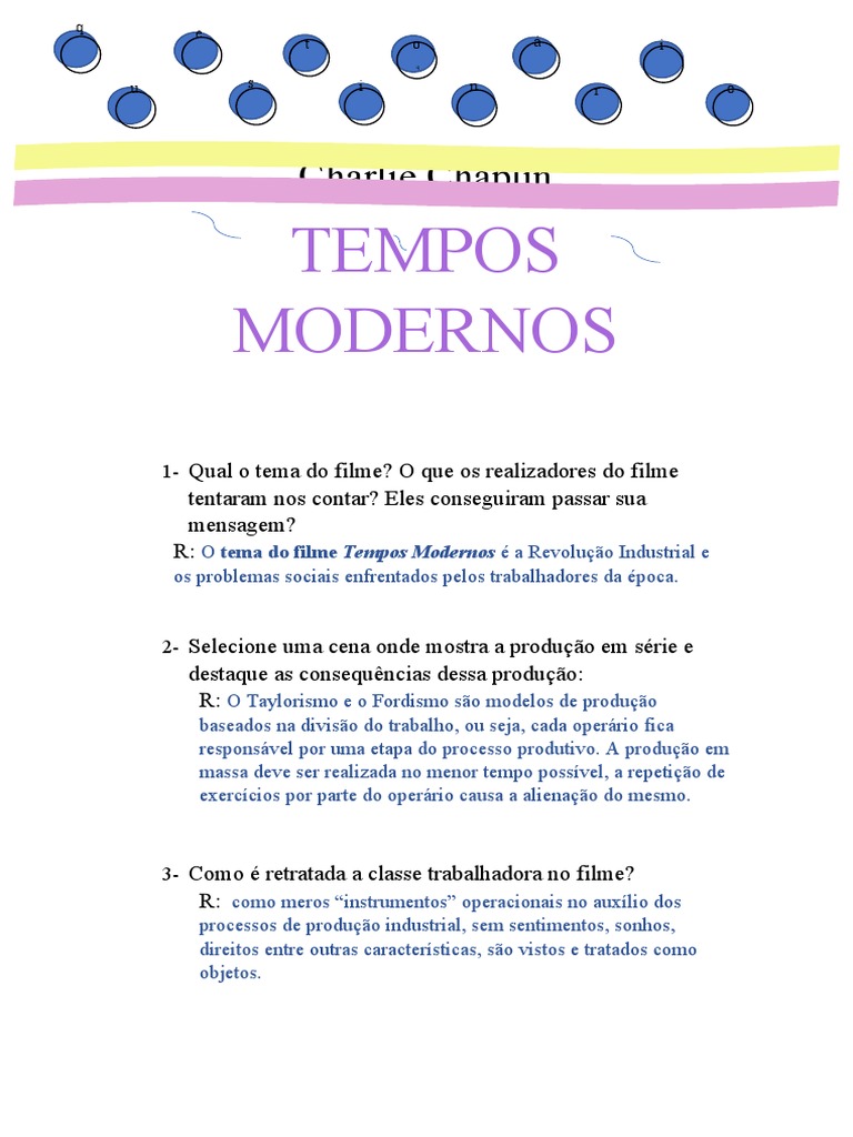 Questões Sobre o Filme Tempos Modernos Charlie Chaplin | PDF Questões Sobre o Filme Tempos Modernos Charlie Chaplin | PDF