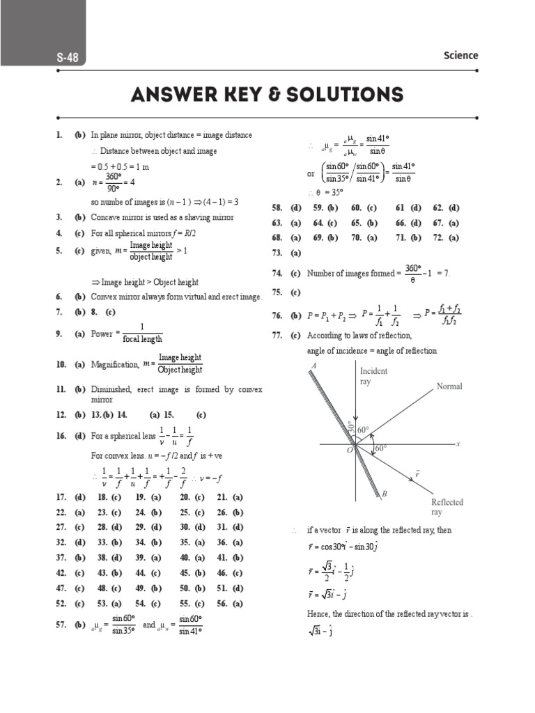 Answer Key & Solutions: Science | PDF | Refraction | Refractive Index