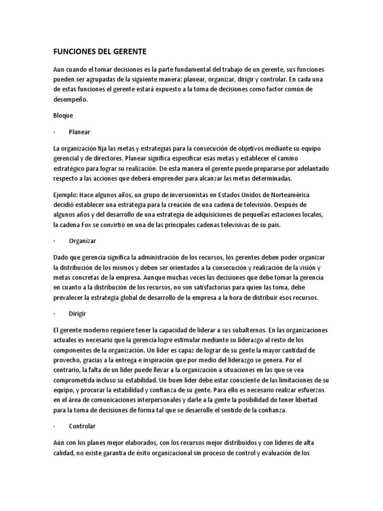Funciones Del Gerente | PDF | Toma de decisiones | Liderazgo