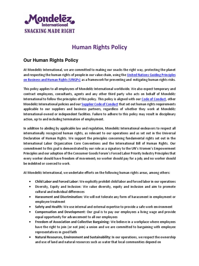 Mondelez International Human Rights Policy | PDF | Employment | Human ...