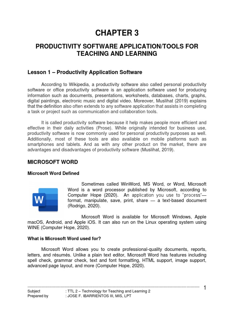 TTL 2 CHAPTER 3 Productivity Software ApplicationTools For Teaching and Learning Rev. 2021 | PDF ...