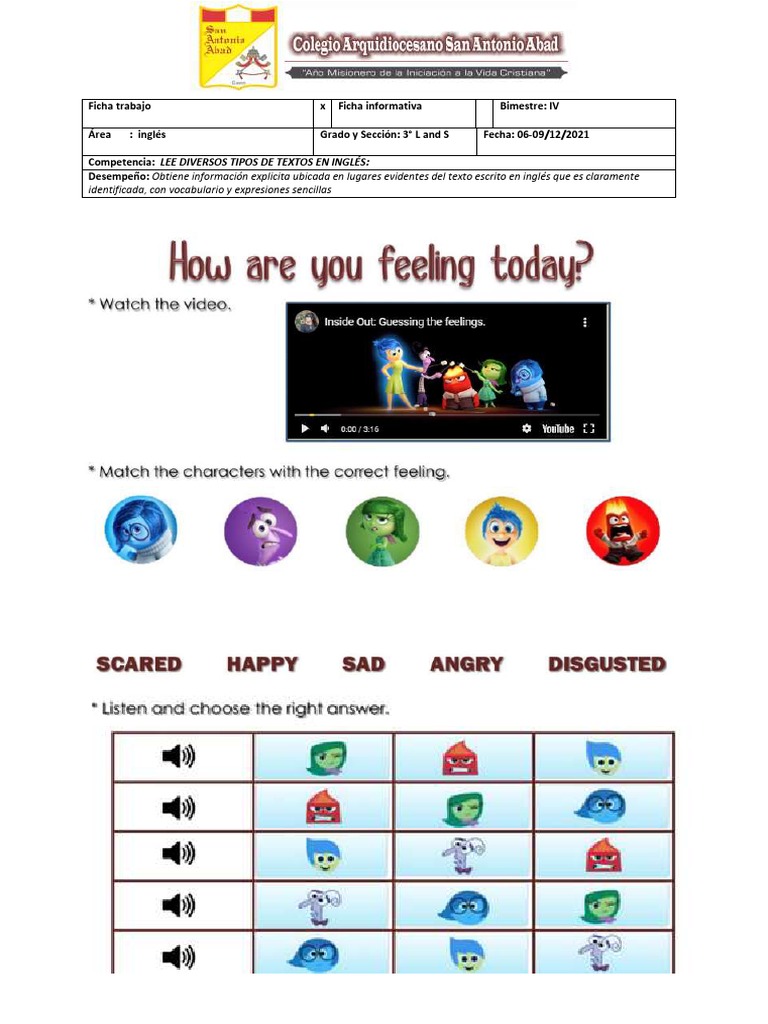 Ficha - EMOTIONS - 3er Grado 2021 | PDF