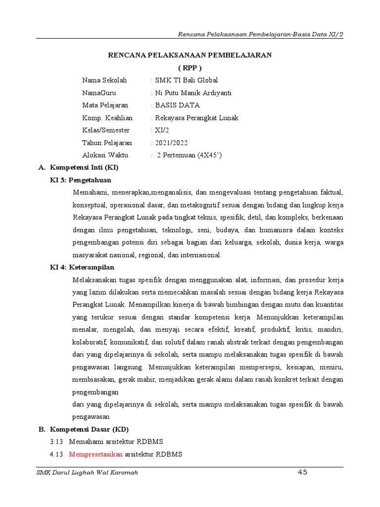 RPP Basis Data Kelas XI/2 SMK TI | PDF | Karier & Perkembangan | Komputer