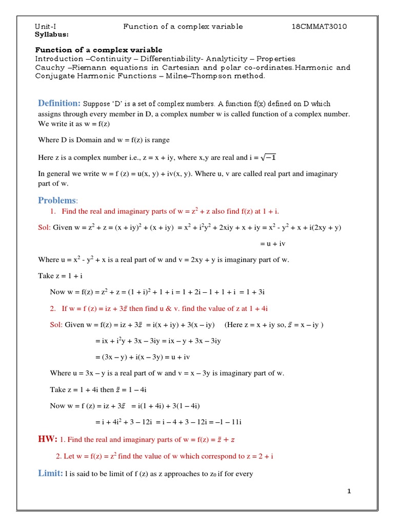 Unit 1 Pdf Holomorphic Function Complex Analysis