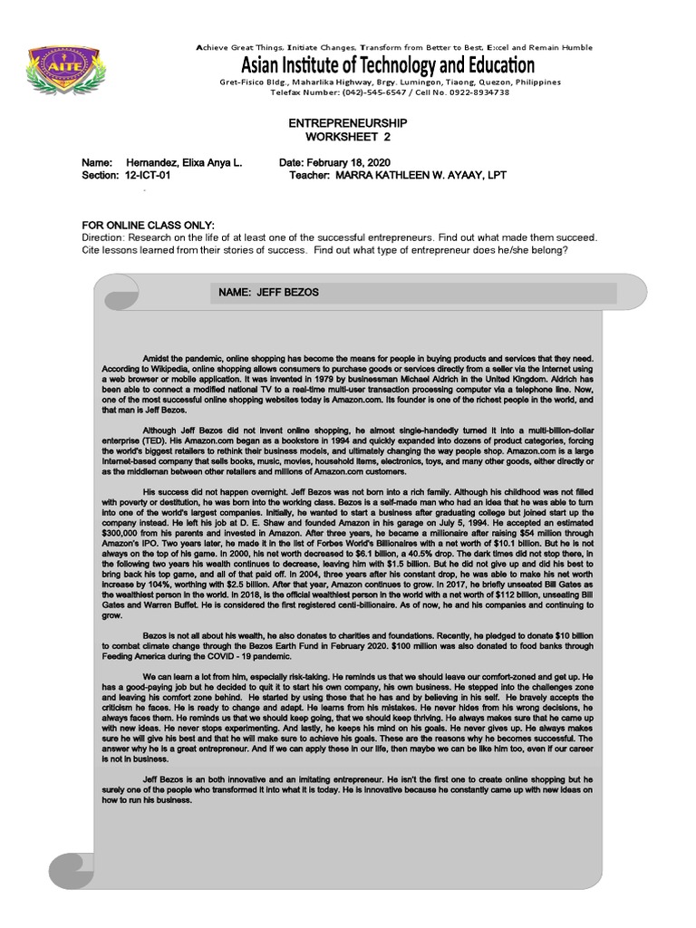 Entrepreneurship Worksheet 2 | PDF | Online Shopping | Economies