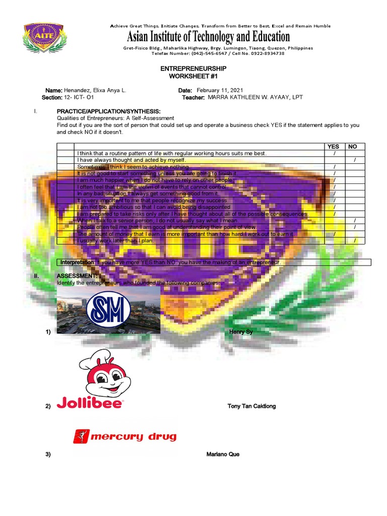 Entrepreneurship Worksheet #1 | PDF | Restaurants