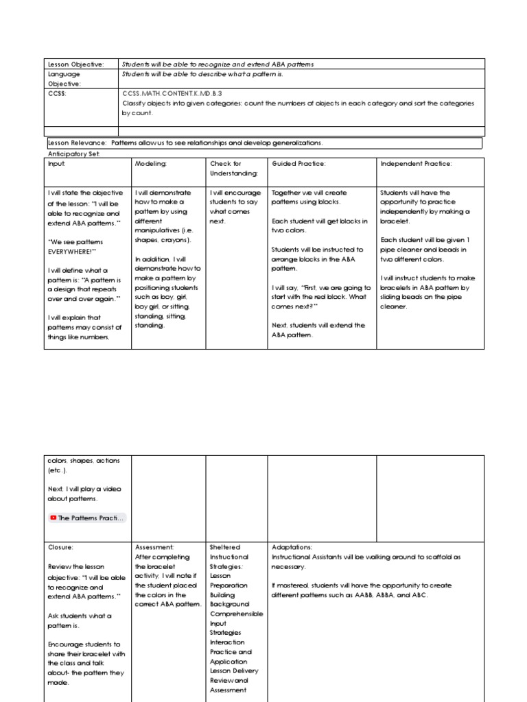Grade 1 ABA Pattern Lesson Plan | PDF | Lesson Plan ...
