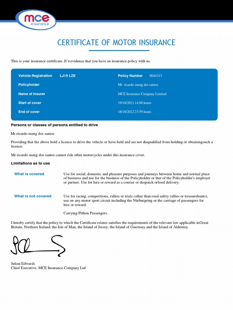 Certificate of Motor Insurance | PDF | Vehicle Insurance | Insurance
