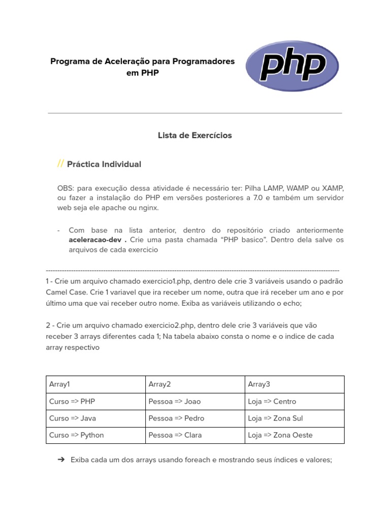 Aceleracao PHP - Lista de Exercicios 3 Introducao PHP | PDF | Php | Linguagem de script