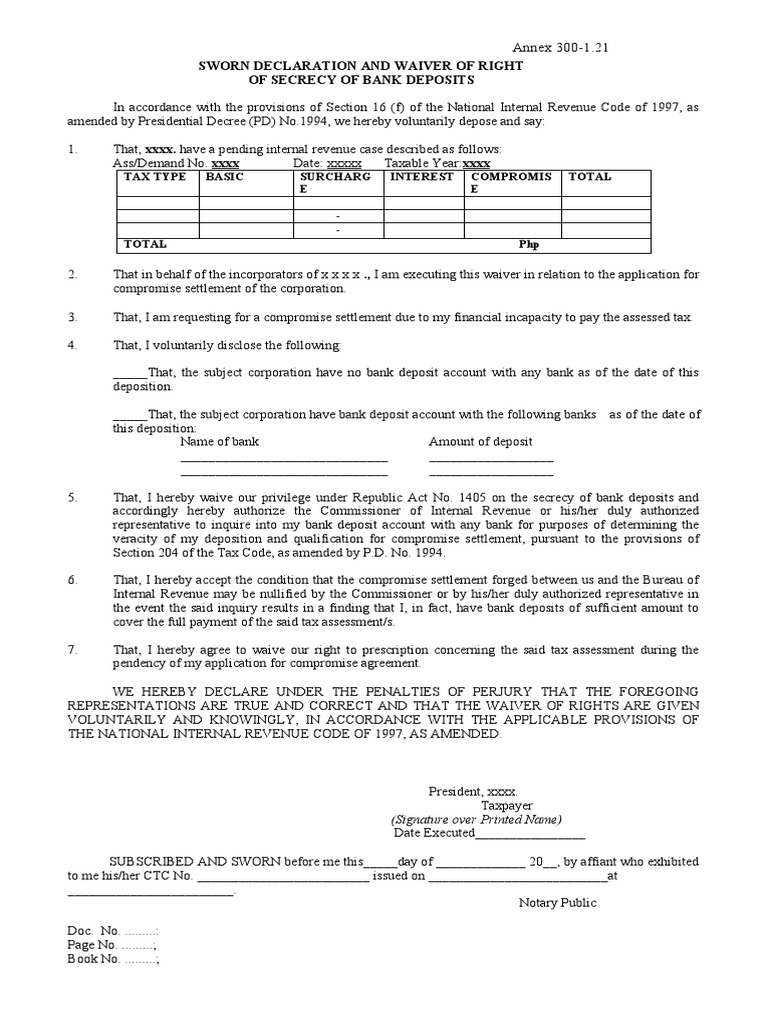 Bank Deposit Secrecy Waiver Form | PDF | Internal Revenue Service ...