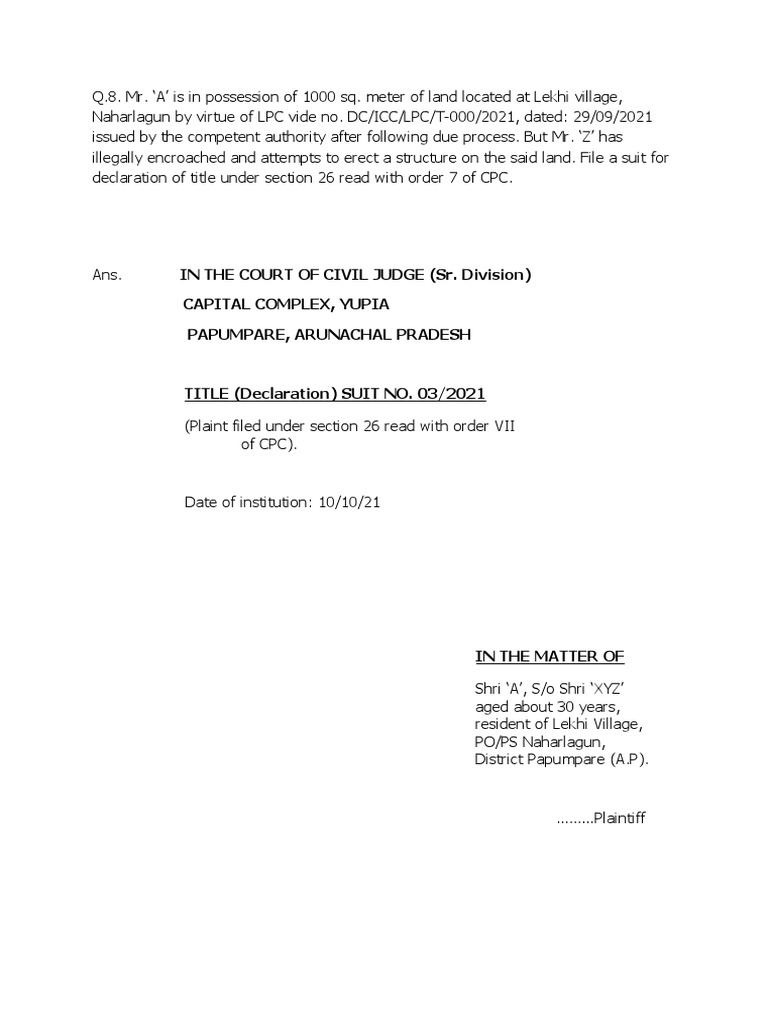Suit For Declaration of Title. | PDF | Affidavit | Lawsuit