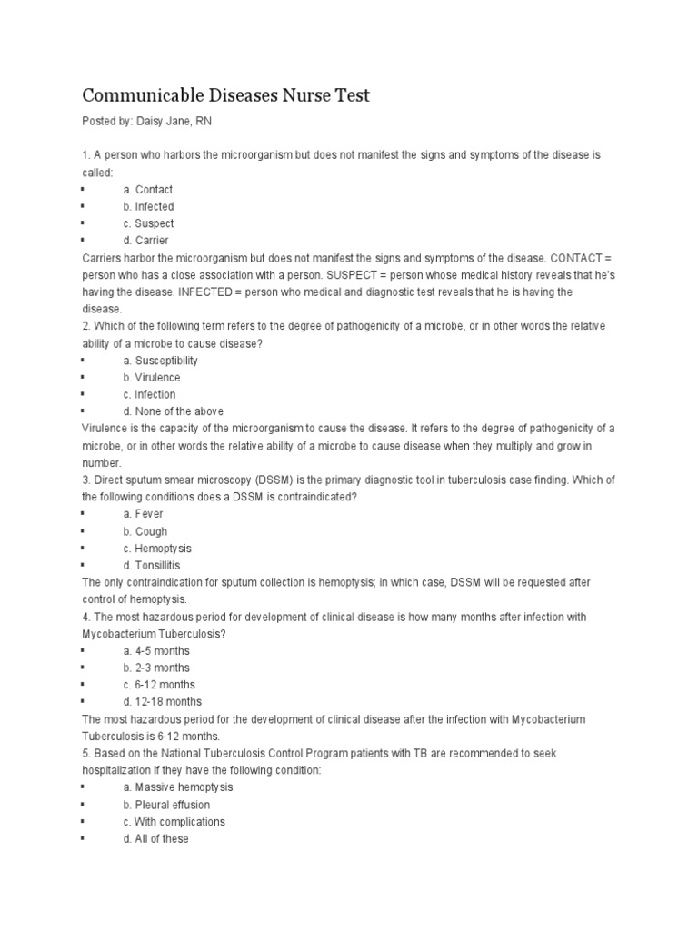 Communicable Diseases Nurse Test | PDF | Tuberculosis | Epidemiology