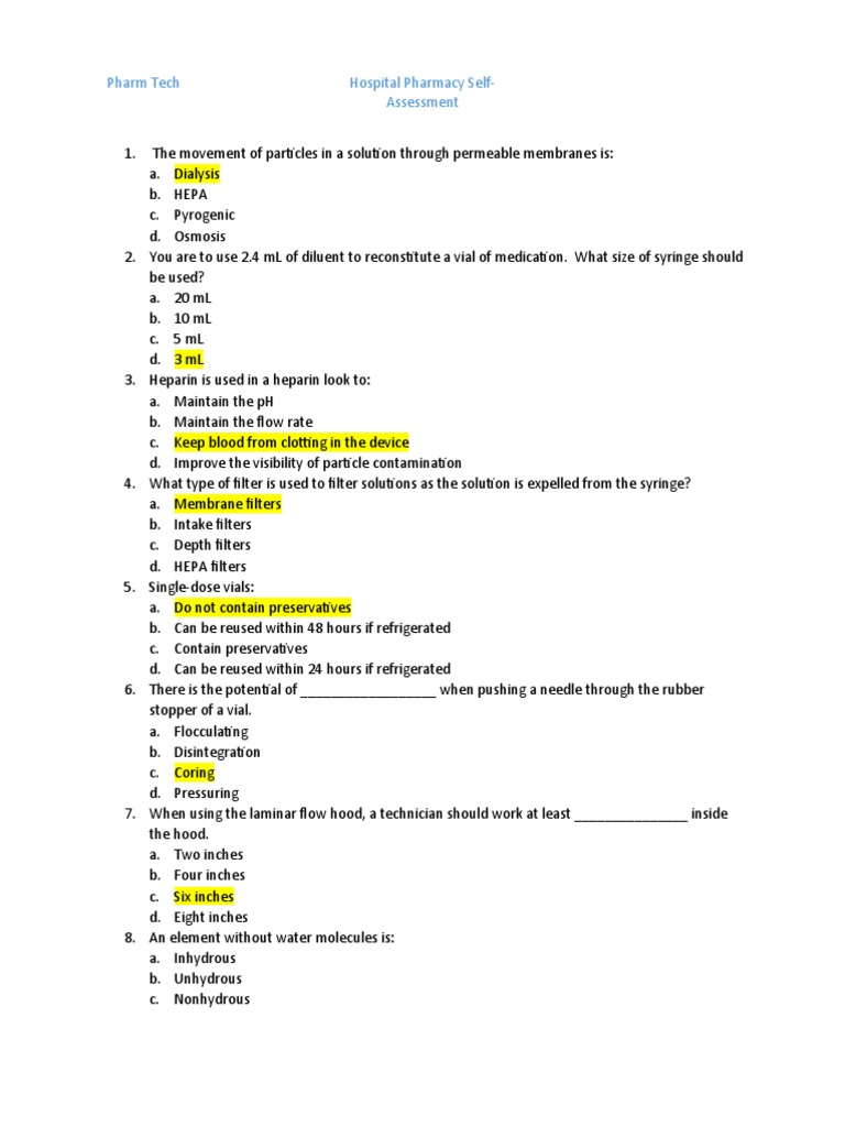 Hospital Pharmacy Self-Test | PDF | Pharmacy | Pharmacist