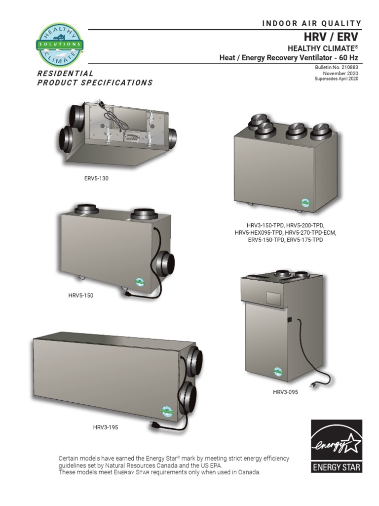 HRV / Erv: Residential Product Specifications | PDF | Duct (Flow ...