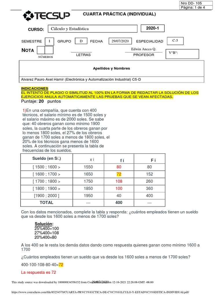 Cuarta PR Ctica de C Lculo y Estad Stica Individual PDF | PDF