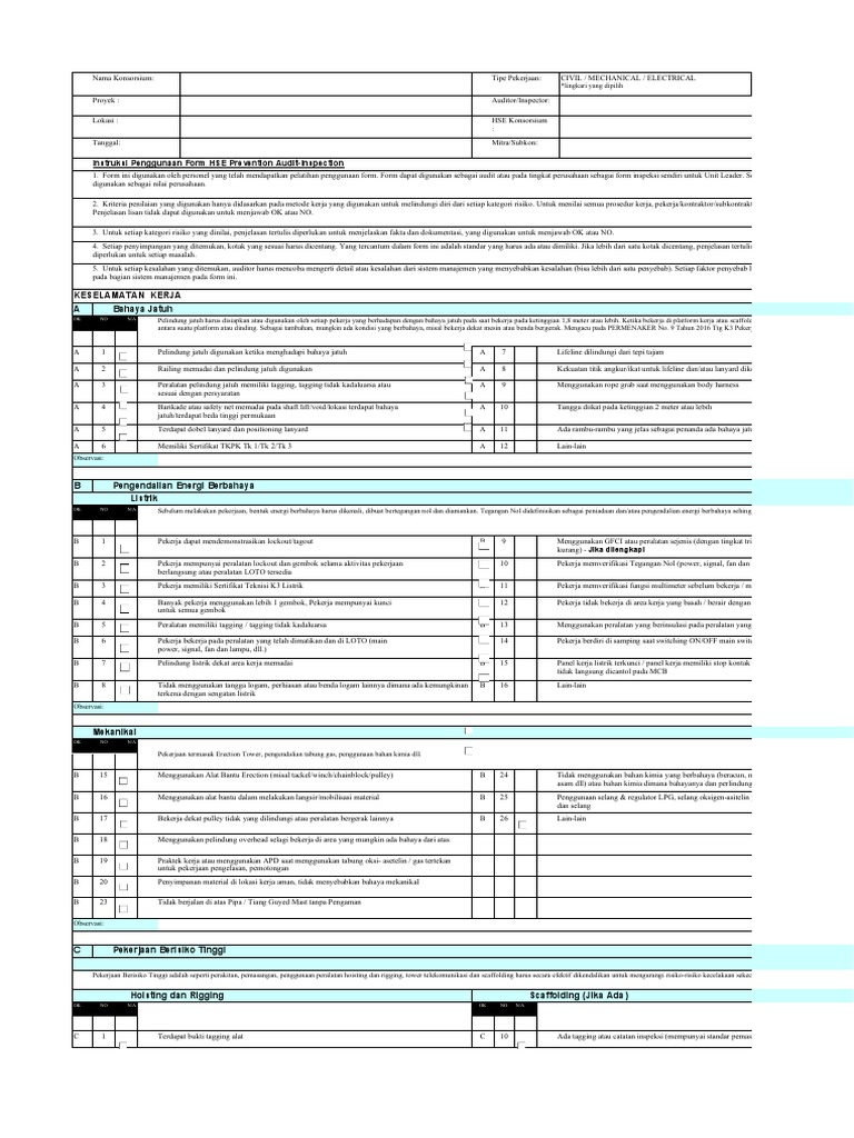 Form Checklist Inspeksi K3 Scaffolding | PDF