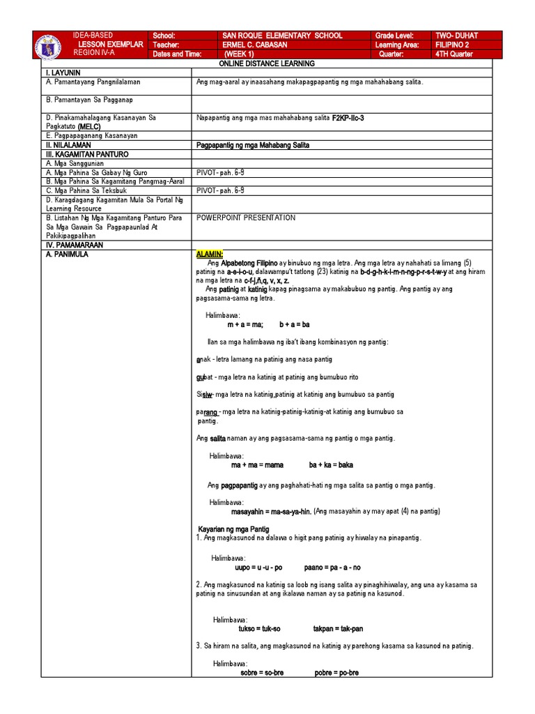 Filipino 2 Idea Lesson Exemplar | PDF