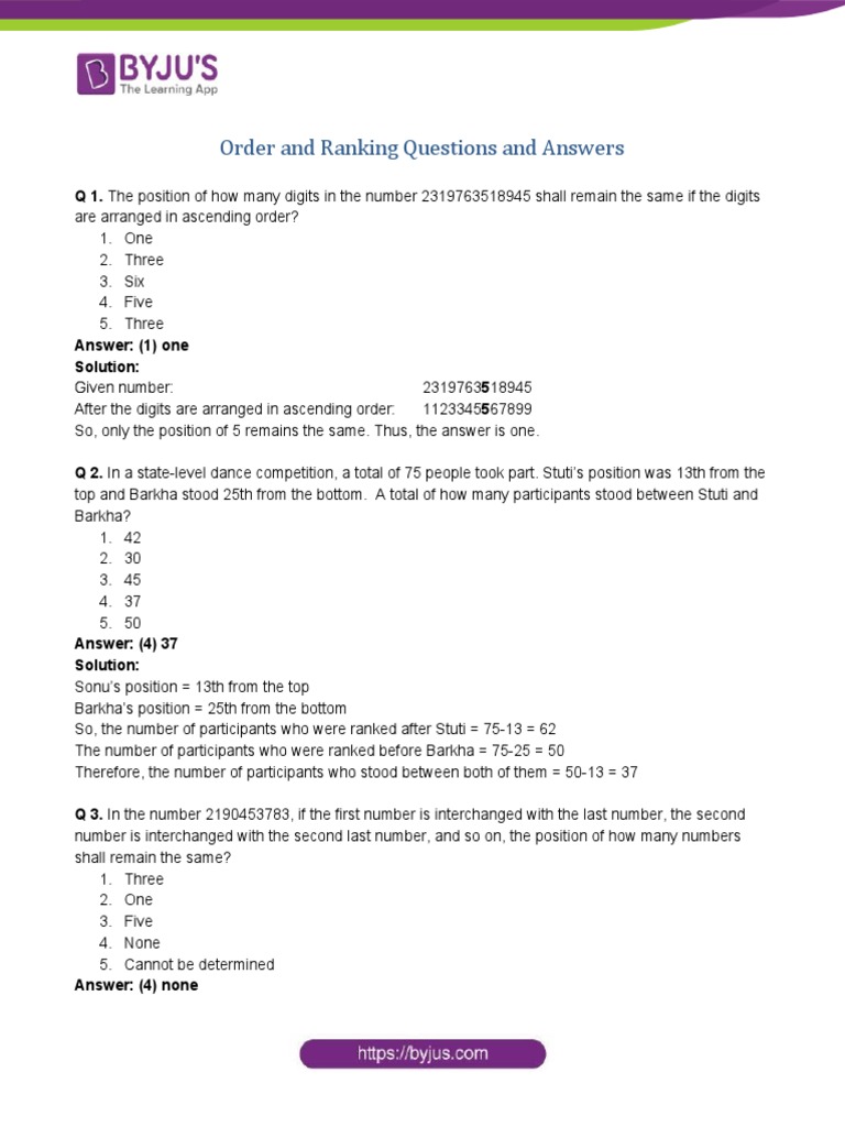 Order and Ranking Questions and Answers | PDF