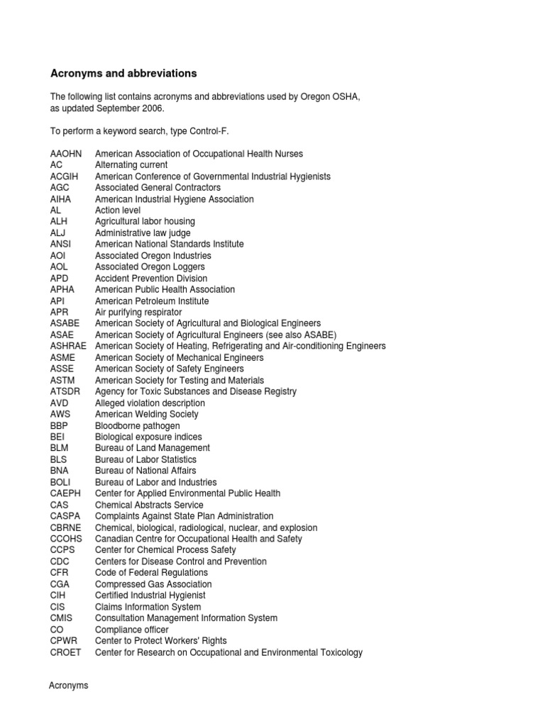 A Guide to Acronyms and Abbreviations Used by Oregon OSHA | PDF ...