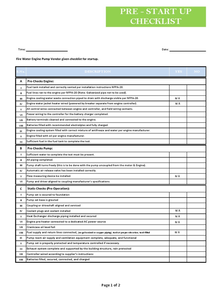 Pre - Start Up Checklist: S.No. Description | PDF | Pump | Engines
