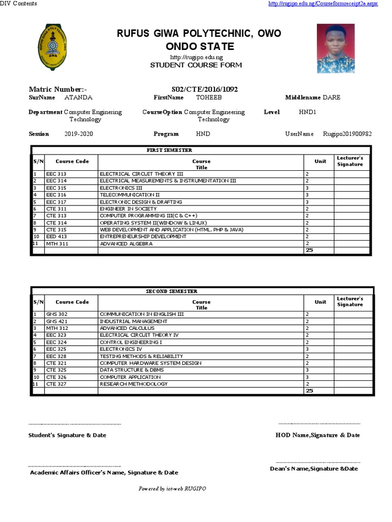 Rufus Giwa Polytechnic, Owo Ondo State: Matric Number:-S02/CTE/2016/ ...