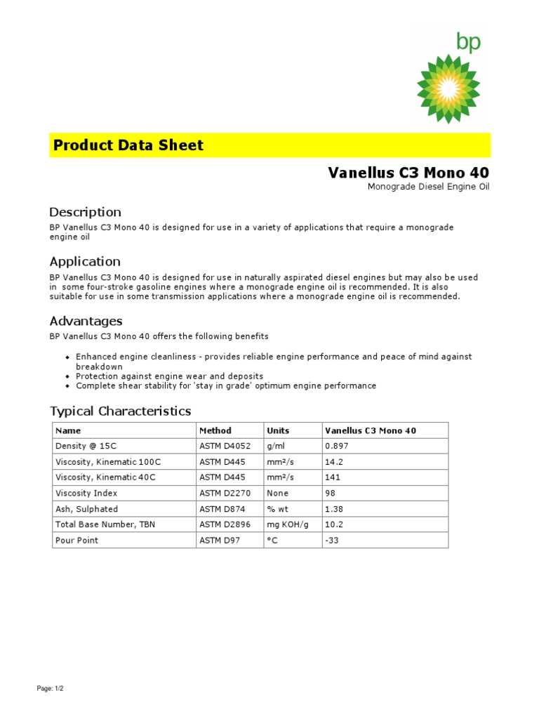 Product Data Sheet Vanellus C3 Mono 40: Description | PDF | Motor Oil