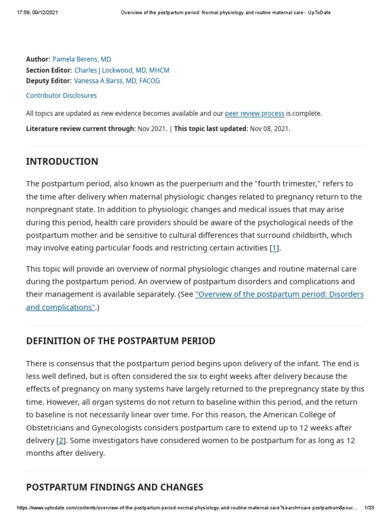 Overview of The Postpartum Period - Normal Physiology and Routine ...
