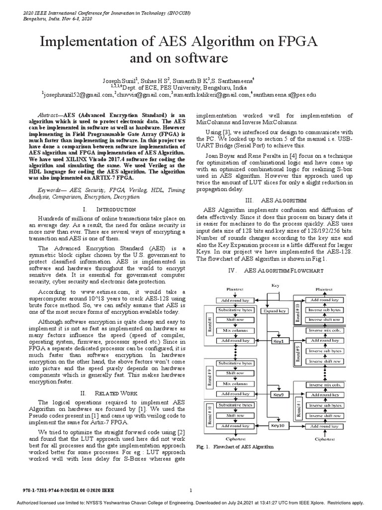 Implementation of AES Algorithm On FPGA and On Software | PDF | Field Programmable Gate Array ...