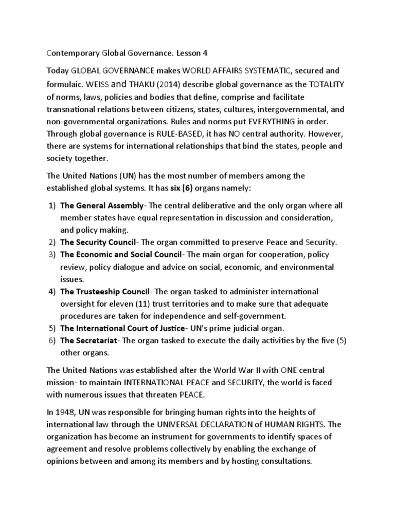 Contemporary Global Governance - Lesson 4 | PDF | United Nations ...