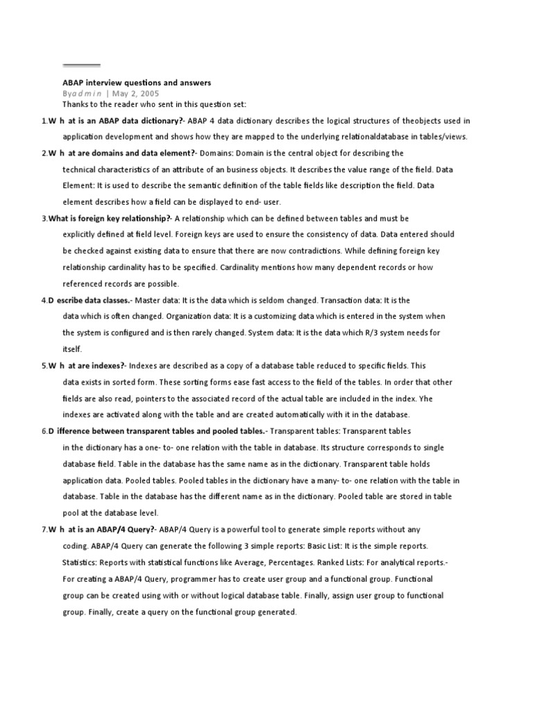 Abap Interview Questions And Answers Pdf Databases Computer Data