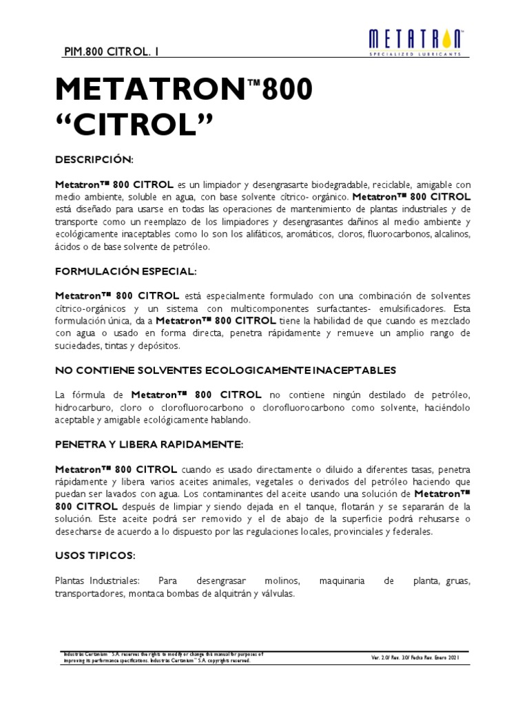 METATRON 800 Citrol Spanish | PDF | Agua | Petróleo