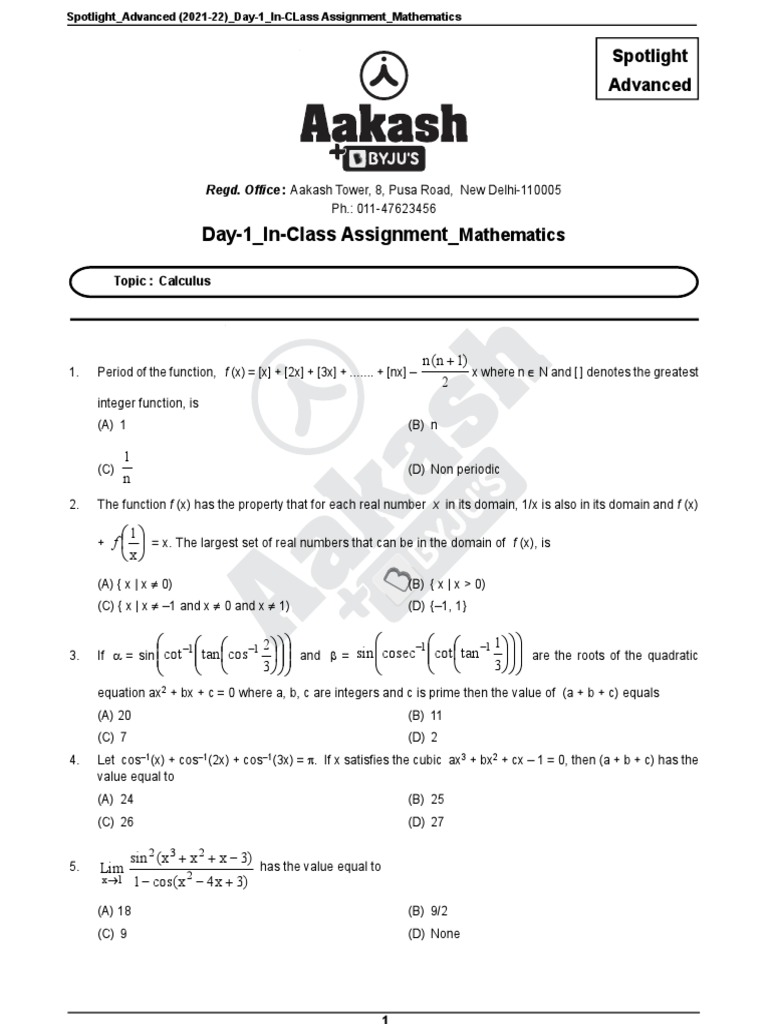 Spotlight - Advanced - Day-1 - In-Class Assignment - Mathematics - (Que ...