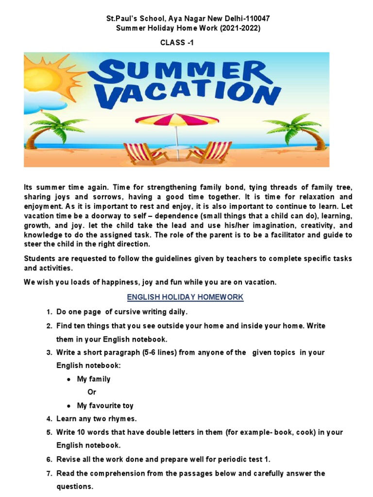 Class 1 Summer Vacation Homework | PDF | Reading Comprehension
