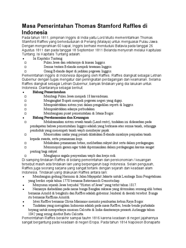 Masa Pemerintahan Thomas Stamford Raffles Di Indonesia | PDF