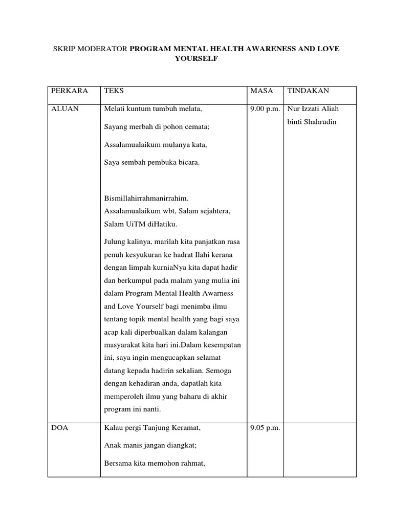 Skrip Moderator Program Mental Health Awareness and Love Yourself | PDF