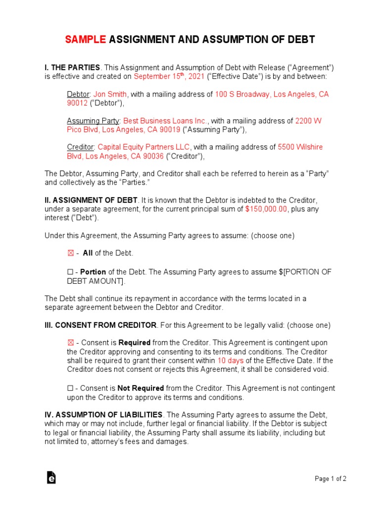 SAMPLE Debt Assignment and Assumption With Release | PDF | Debt | Debtor