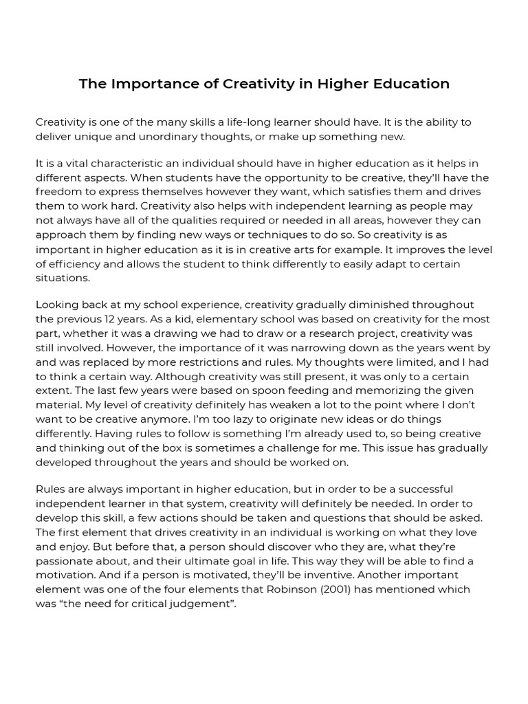 14 - The Importance of Creativity in Higher Education - (Essay Example ...
